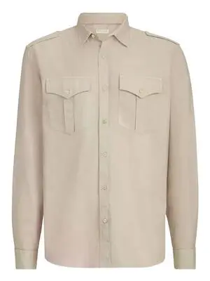 Brunello Cucinelli Garment-dyed Shirt In Cotton Chevron With Spread Collar, Epaulettes And Chest Pockets - Neutrals