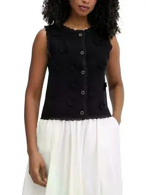 MORGAN Floral Appliqué Lace-trim Sleeveless Cardigan - Black
