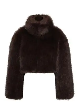ROTATE BY BIRGER CHRISTENSEN Cropped Faux Fur Jacket With High Collar Marrone