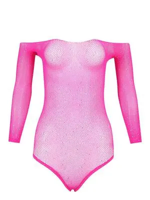 Frederick's Of Hollywood Fine Fishnet & Rhinestone Long Sleeve Bodystocking - Pink Dragon
