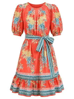 RAISHMA Petula Floral Print Mini Dress With Belt - Orange