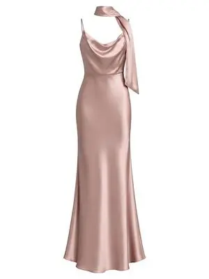 AISL Blush Satin Cowl Maxi Dress With Neck Scarf - Pink