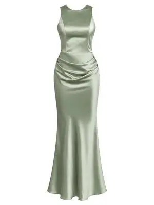 AISL Sage Satin Draped Maxi Dress - Green