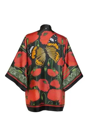 KUEEN Silk Poppies Kimono Jacket - Black/red/green