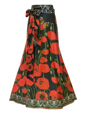 KUEEN Floral Silk Wrap Skirt - Black/green/red