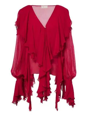 Blumarine Chilly Pepper Ruffled Crêpe Blouse - Red