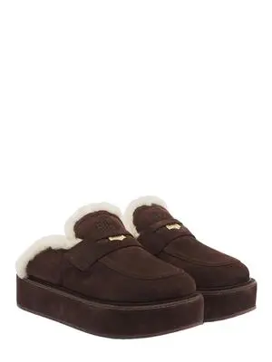 Miu Miu Miu Miu Shearling-Lined Suede Platform Mules Brown