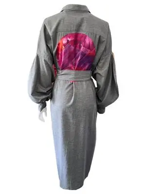 ARSHYS Jaku Dress: Draped Cotton Shirt Dress With Hand-painted Silk Detail - Grey