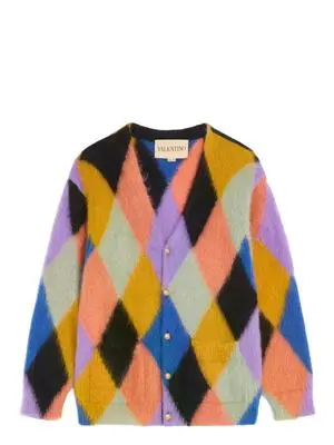 Valentino Garavani Mohair Wool Cardigan With Rhombelle Pattern - Black