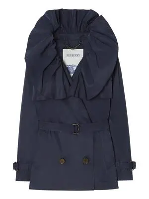 Burberry Double Breasted Ruffle Collar Trench Coat - Blue