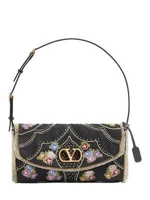 Valentino Garavani Small Linen Beaded Shoulder Bag - Black