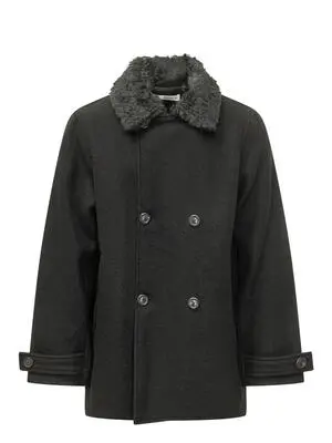 Our Legacy Double-breasted Pleated Coat With Faux Fur Collar - Black