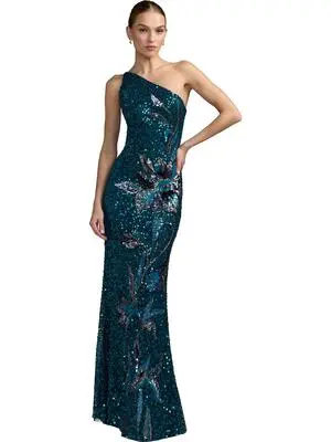 Mac Duggal Sequin One Shoulder Gown - Blue