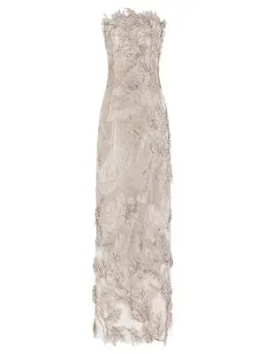 Oscar De La Renta Strapless Embroidered Cocktail Dress - Silver