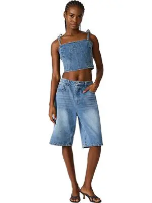 Steve Madden Meaghan Denim Cropped Top With Adjustable Straps - Blue Heather