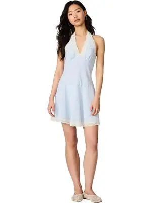 Steve Madden Liza Halterneck Lace Trim Textured Mini Dress - Blue Ice