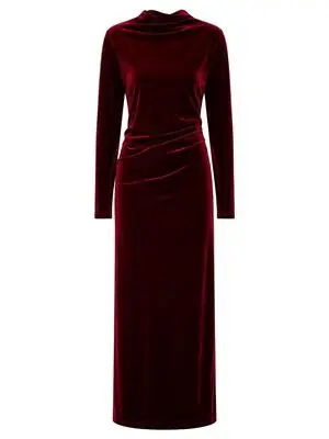 NOLA Gia Velvet Maxi Dress With High Neck And Slit - Red