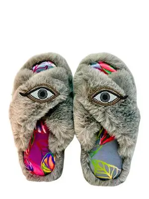 YOMISMA Eco Faux Fur Slippers With Tropical Insole And Beaded Evil Eye Brooch - Grey