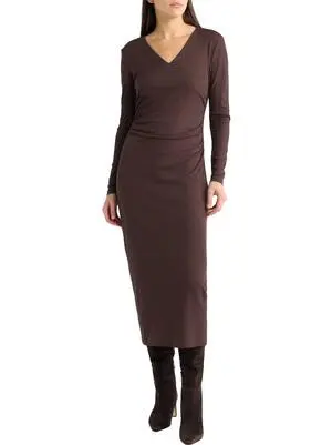 Sam Edelman SAM EDELMAN Side Ruched Long Sleeve Maxi Dress Espresso
