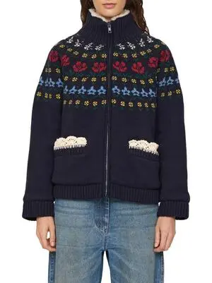 Sea Sea NY Preston Faux Shearling Lined Knit Jacket Navy