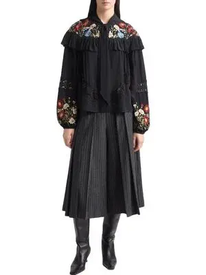 Sea Ruwa Embroidered Tie Neck Top - Black
