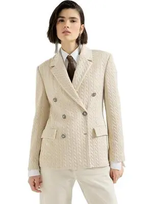 Brunello Cucinelli Sparkling Cotton And Viscose English Rib Knit Blazer With Monili - Cream