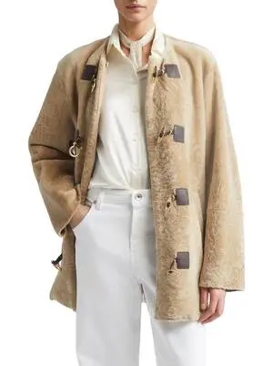 Eleventy Collarless Shearling Toggle Coat - Sand