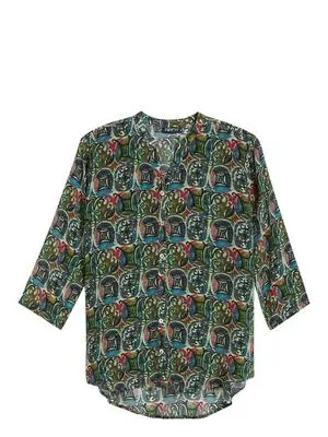 APNY Mandarin Collar Printed 3/4 Sleeve Shirt - Moss/garnet Multi