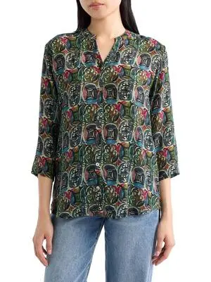 APNY Mandarin Collar Printed 3/4 Sleeve Shirt - Moss/garnet Multi