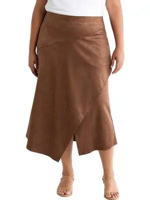 CITY BLUES Faux Suede Asymmetrical Midi Skirt - Brown