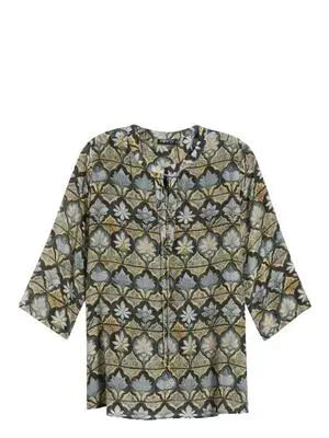 APNY Print Tassel Split Neck Chiffon Top - Sage/peweter Multi
