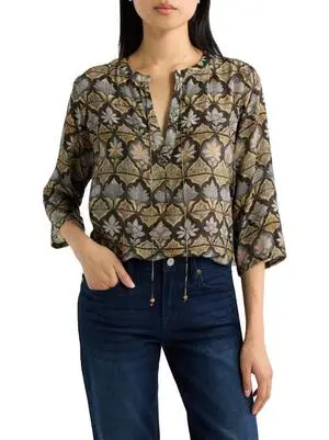APNY Print Tassel Split Neck Chiffon Top - Sage/peweter Multi