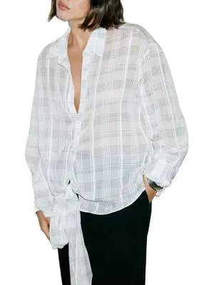 Mango Check Oversize Tie-side Shirt - Ecru