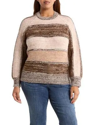 CITY BLUES Mixed Stripe Raglan Sleeve Sweater - Brown