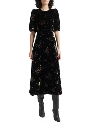 Sea Velvet Floral Puff Sleeve Midi Dress - Black