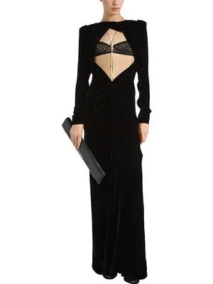 Balmain Long Velvet And Lace Dress - Black