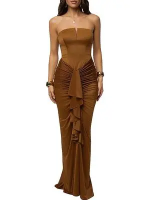 JLUXLABEL Isabella Strapless Ruched Draped Maxi Gown - Tan