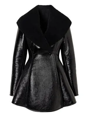 Alaïa Patent Shearling Coat With Shearling Trim - Black