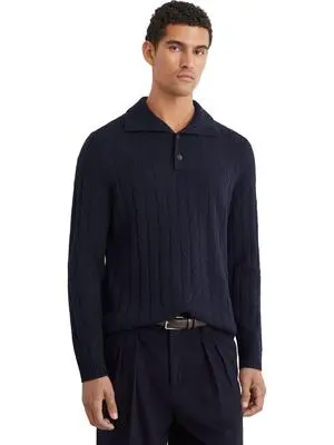 REISS Reiss Wool Stitch-Detail Half-Button Jumper Navy