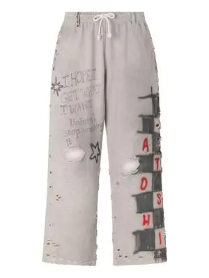 SATOSHI NAKAMOTO Get What I Want Printed Embellished Distressed Cotton-jersey Sweatpants - Gray