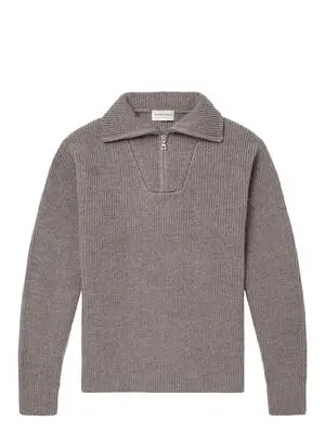 Officine Générale Ribbed Merino Wool Half-zip Sweater - Brown