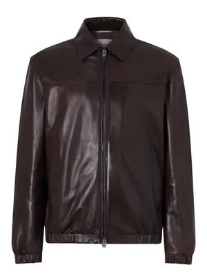 Canali Leather Zip-up Jacket - Brown