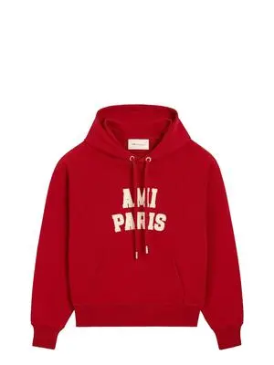 AMI Paris Red Cotton Hoodie With Embroidery - Ruby Red/ivory White