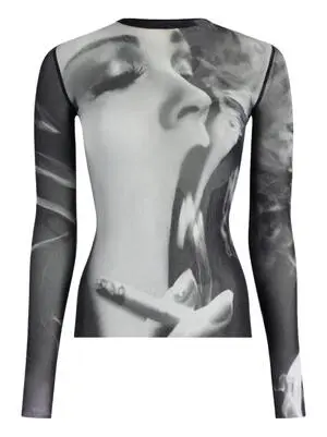JEAN PAUL GAULTIER Smoking Portrait Mesh Long-sleeve T-shirt - Gray