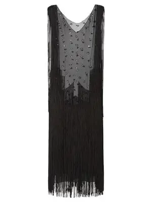 Fendi Sleeveless V-neck Midi Dress With Mirror Embellishments And Fringe - Black