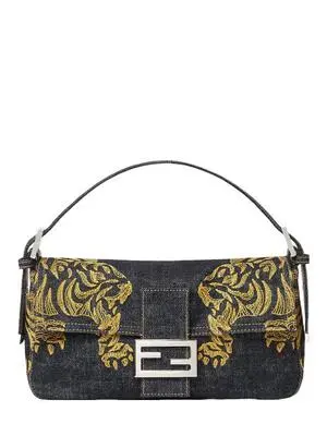 Fendi Baguette Bag With Embroidered Tigers - Dark Blue