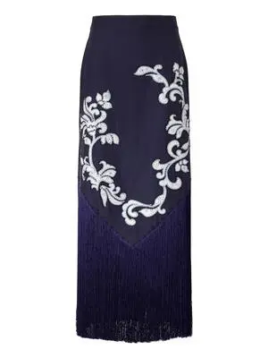 ALEMAIS Dillon Embellished Fringed Midi Skirt - Blue