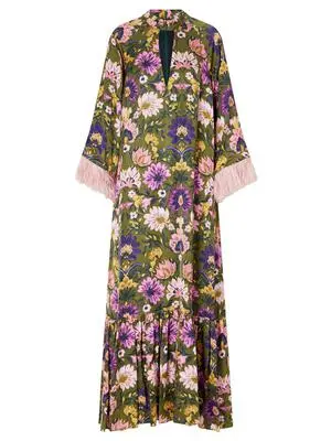 Borgo De Nor Avalon Feather-trimmed Printed Satin Maxi Dress - Multi