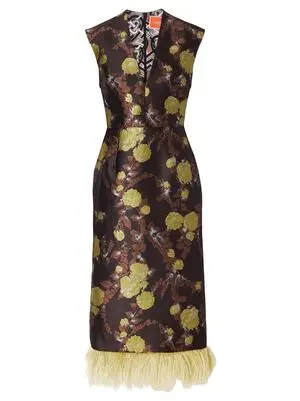 La DoubleJ Feather-trimmed Jacquard Midi Dress - Brown