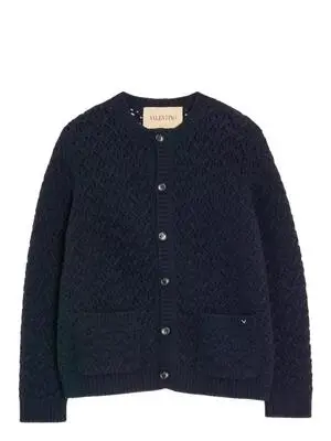Valentino Garavani Wool And Cashmere Cardigan With Metallic V Detail - Blue